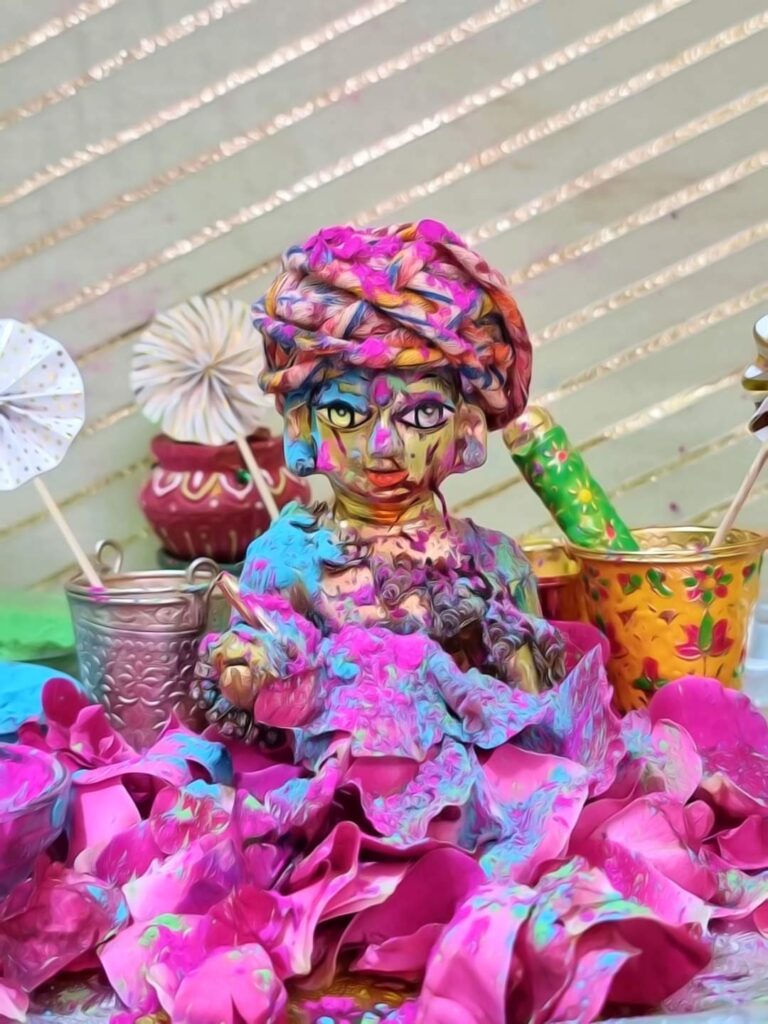 Happy Holi हे सखी, देखो! राधा और कृष्ण एकांत स्थान पर एक लंबे होली ...